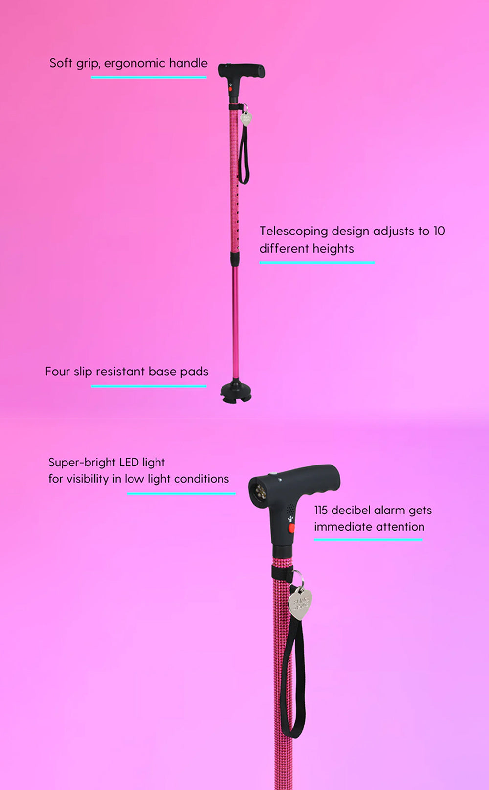 Personal Safety Cane | Pink Rhinestone - Blingsting